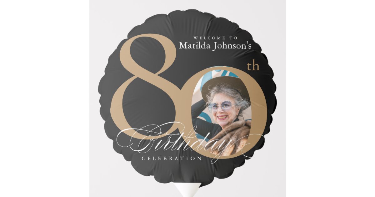 80th Birthday Gold Black Calligraphy Custom Photo Balloon | Zazzle
