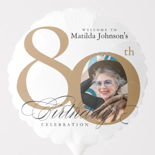 80th Birthday Gold Calligraphy Custom White Photo Balloon | Zazzle
