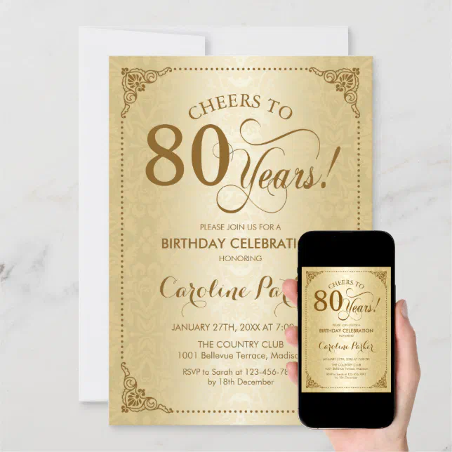 80th Birthday - Gold Damask Invitation | Zazzle