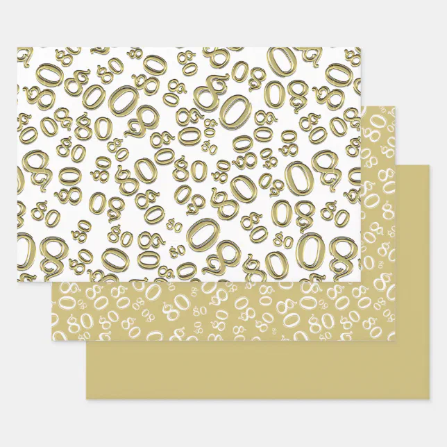 80th Birthday Gold & White Number Pattern 80 Wrapping Paper Sheets | Zazzle