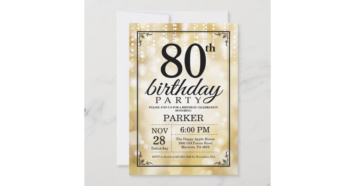 80th Birthday Invitation Gold Glitter | Zazzle