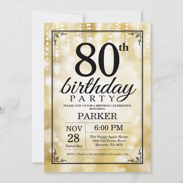 80th Birthday Invitation Gold Glitter | Zazzle