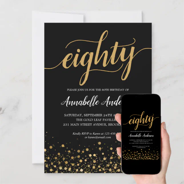 80th Birthday Modern Black Gold Confetti Script Invitation | Zazzle