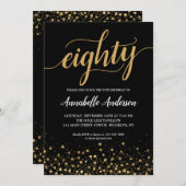 80th Birthday Modern Black Gold Confetti Script Invitation | Zazzle