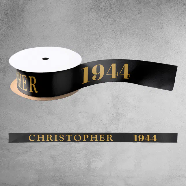 80th Birthday Name 1944 Black Gold Elegant Chic Satin Ribbon | Zazzle