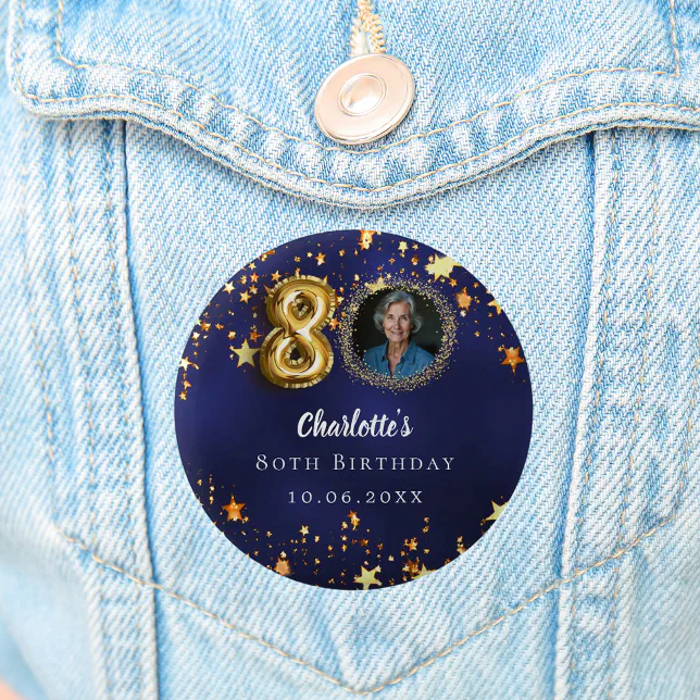 80th birthday navy blue gold stars photo button | Zazzle