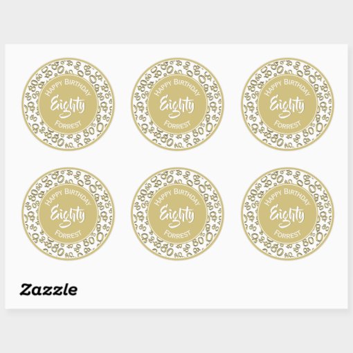 80th Birthday Number 80 Pattern Gold and White Classic Round Sticker ...