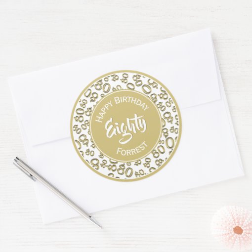 80th Birthday Number 80 Pattern Gold and White Classic Round Sticker ...