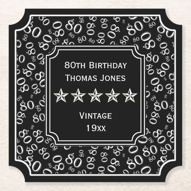 80th Birthday Number Pattern Black/White Paper Coaster | Zazzle