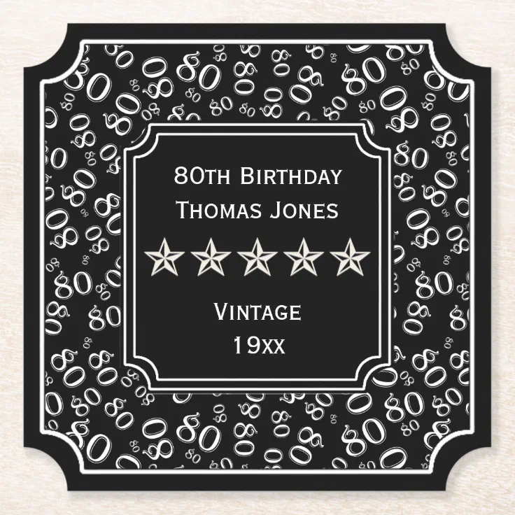 80th Birthday Number Pattern Black/White Paper Coaster | Zazzle