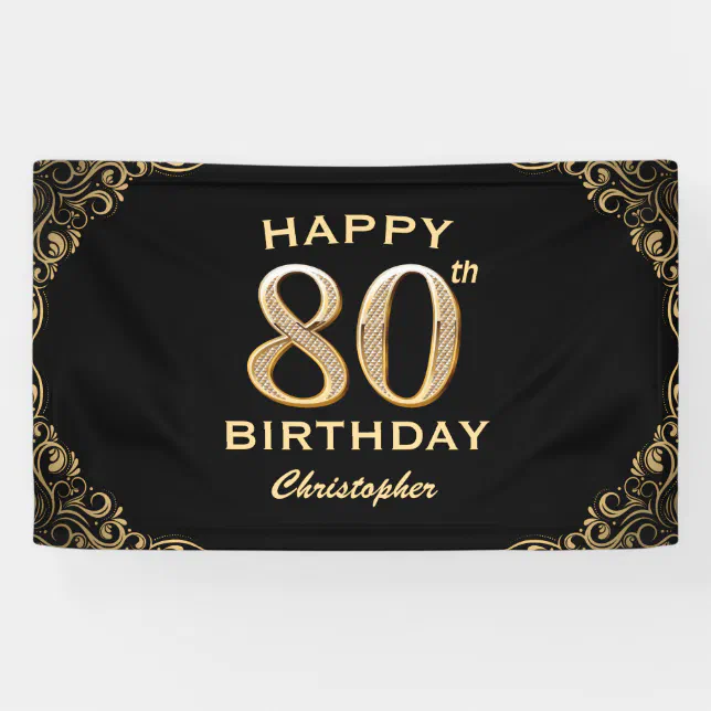 80th Birthday Party Black and Gold Glitter Frame Banner | Zazzle
