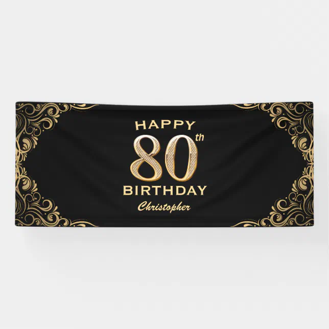 80th Birthday Party Black and Gold Glitter Frame Banner | Zazzle