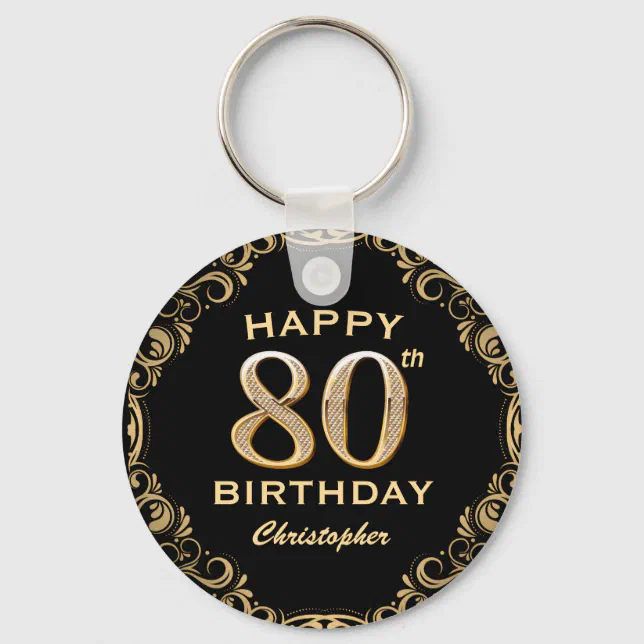 80th Birthday Party Black and Gold Glitter Frame Keychain | Zazzle