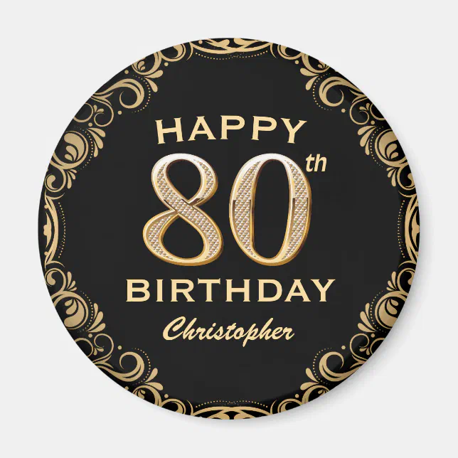 80th Birthday Party Black and Gold Glitter Frame Magnet | Zazzle