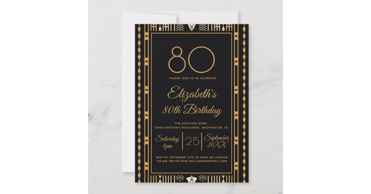 80th Birthday Party Black Gold Elegant Customize Invitation | Zazzle