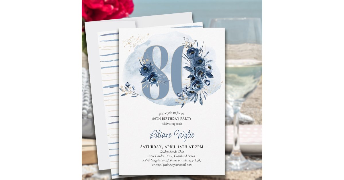 80th Birthday Party Coastal Blue Floral Number 80 Invitation | Zazzle