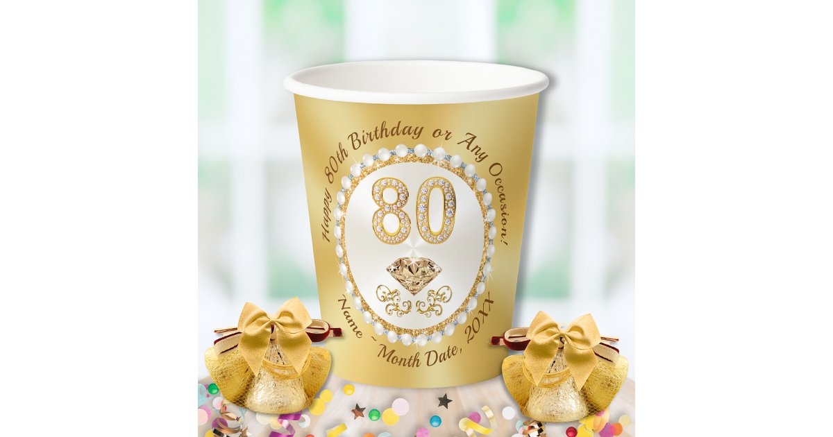 80th Birthday Party Cups, Ivory Pearls, Gold, Paper Cups | Zazzle