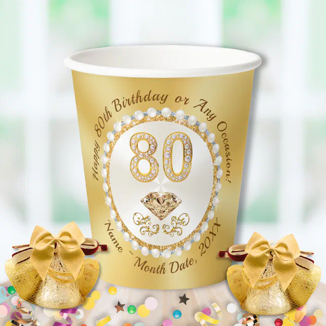 80th Birthday Party Cups, Ivory Pearls, Gold, Paper Cups | Zazzle