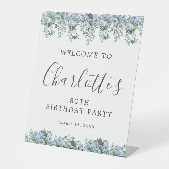 80th Birthday Party Dusty Blue Floral Welcome Pedestal Sign | Zazzle
