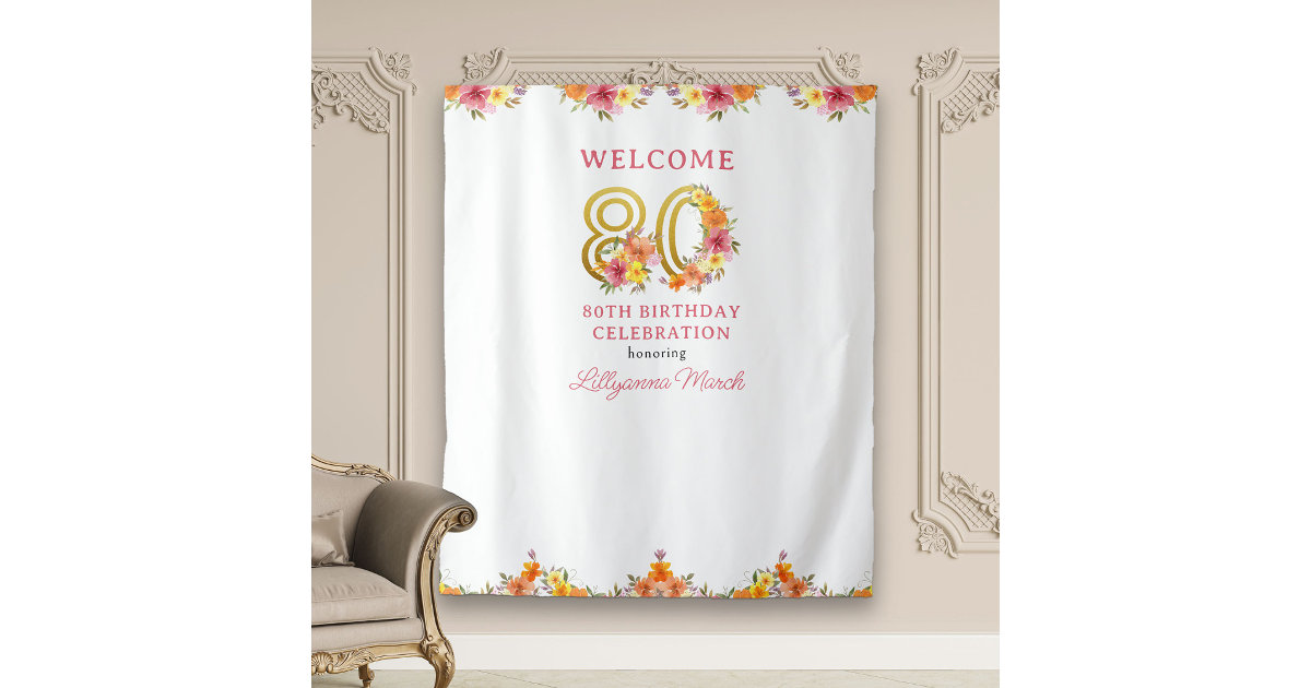 80th Birthday Party Floral Gold Number 80 Backdrop | Zazzle