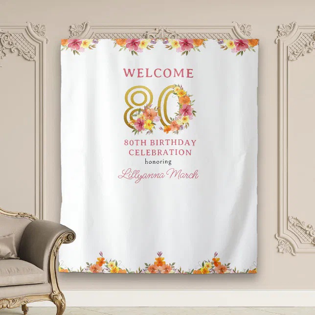 80th Birthday Party Floral Gold Number 80 Backdrop | Zazzle