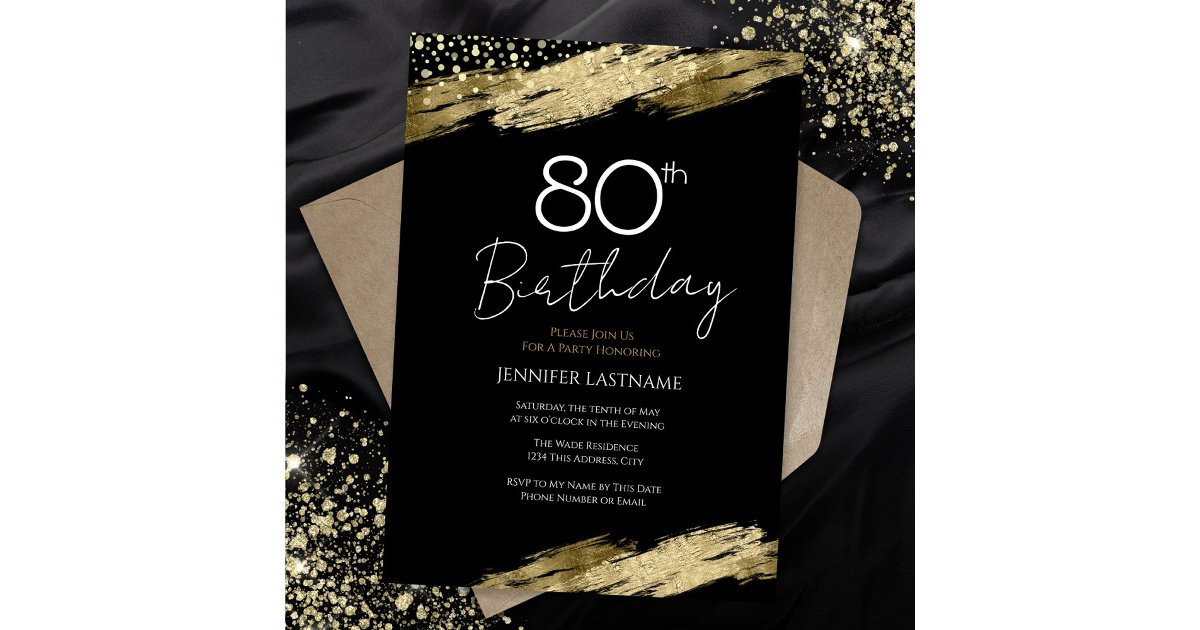80th Birthday Party Gold Black Invitation | Zazzle