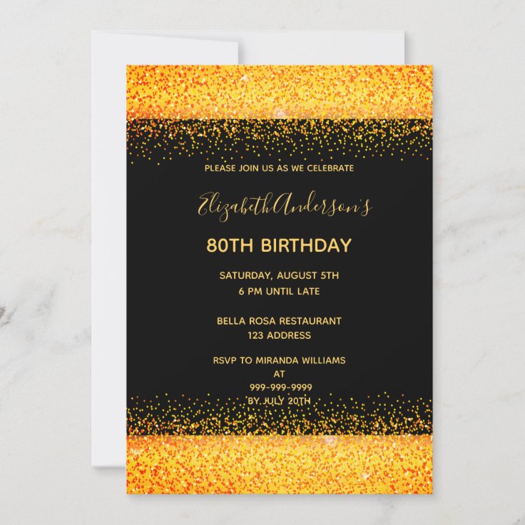 80th birthday party gold black sparkle invitation | Zazzle
