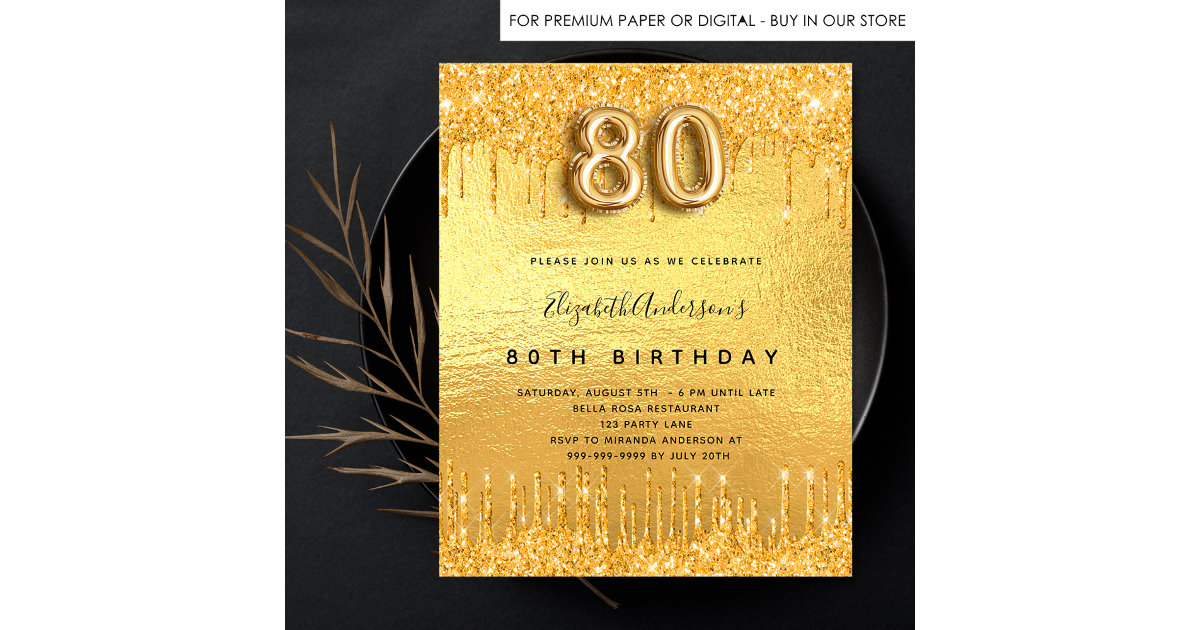 80th birthday party gold glitter budget invitation flyer | Zazzle