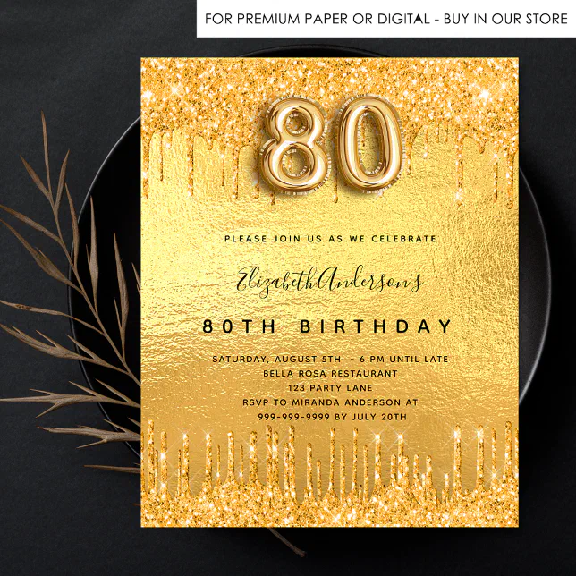 80th birthday party gold glitter budget invitation flyer | Zazzle
