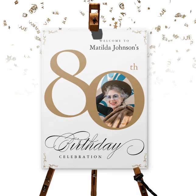 80th Birthday Party Gold White Welcome Custom Sign | Zazzle