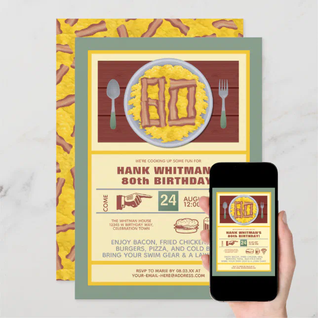 80th Birthday Party Mens Funny Bacon Eggs Theme Invitation | Zazzle