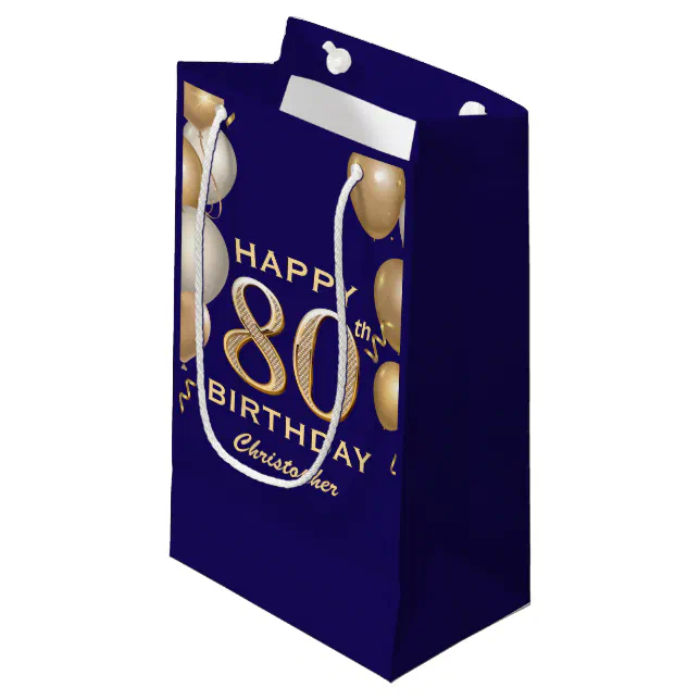 80th Birthday Party Navy Blue and Gold Balloons Small Gift Bag | Zazzle