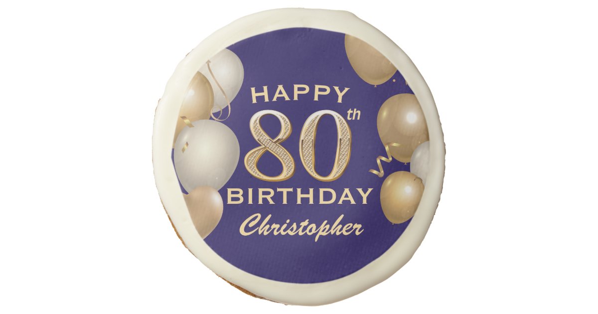 80th Birthday Party Navy Blue and Gold Balloons Sugar Cookie | Zazzle