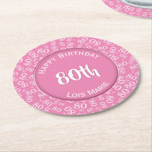 80th Birthday Party Number Pattern Pink and White Round Paper Coaster ...