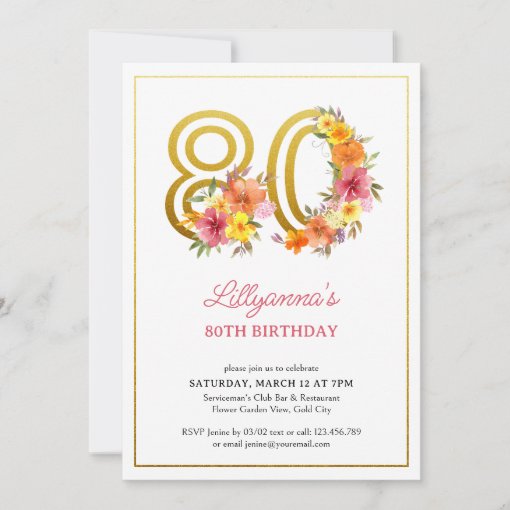 80th Birthday Party Pretty Floral Gold Number 80 I Invitation | Zazzle