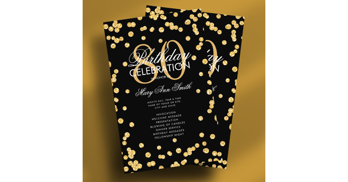 80th Birthday Party Program Gold Glitter w/ Menu Flyer | Zazzle