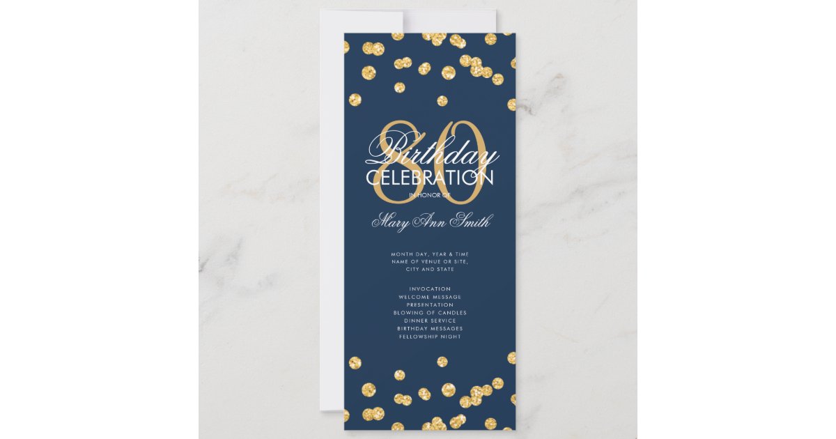 80th Birthday Party Program Gold Navy Glitter Menu | Zazzle