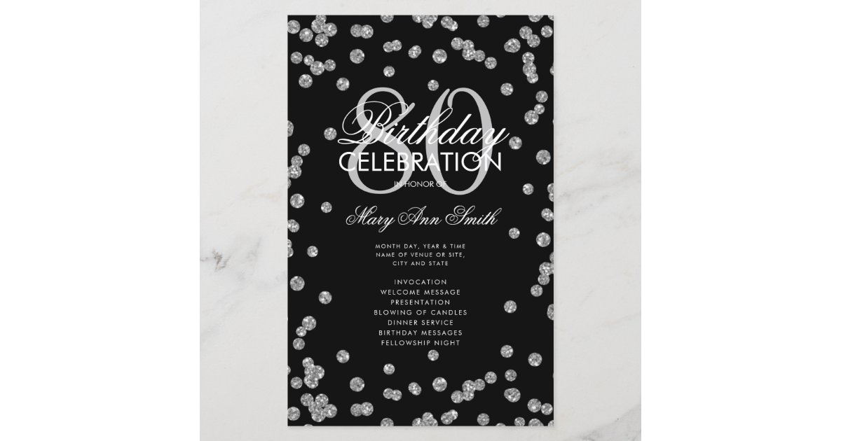 80th Birthday Party Program Silver Glitter Menu | Zazzle