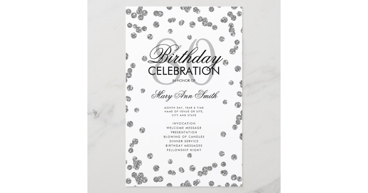 80th Birthday Party Program Silver Glitter Menu | Zazzle