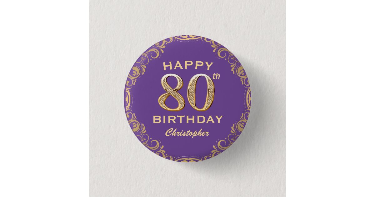 80th Birthday Party Purple and Gold Glitter Frame Button | Zazzle