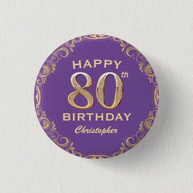 80th Birthday Party Purple and Gold Glitter Frame Button | Zazzle