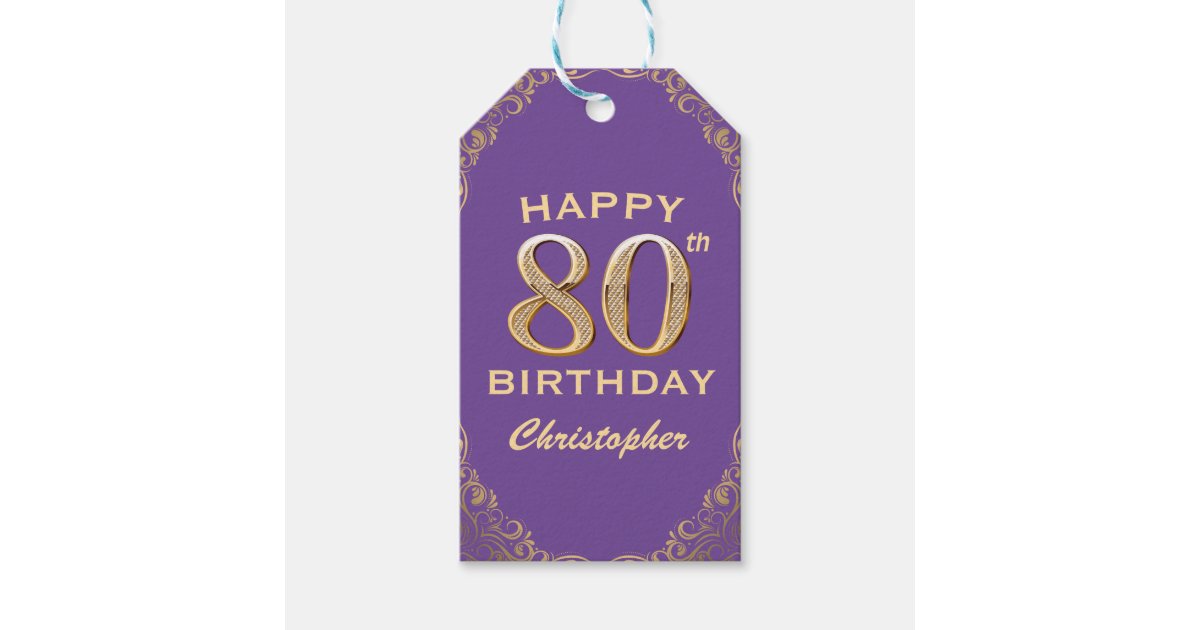 80th Birthday Party Purple and Gold Glitter Frame Gift Tags | Zazzle