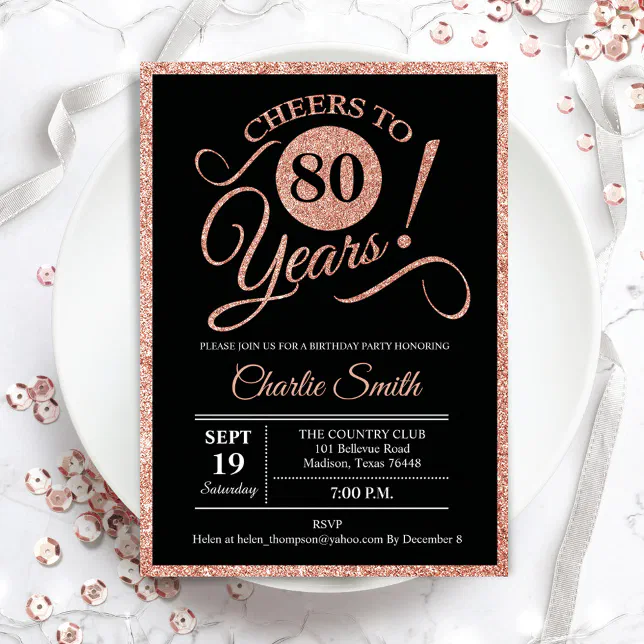 80th Birthday Party - Rose Gold Black ANY AGE Invitation | Zazzle