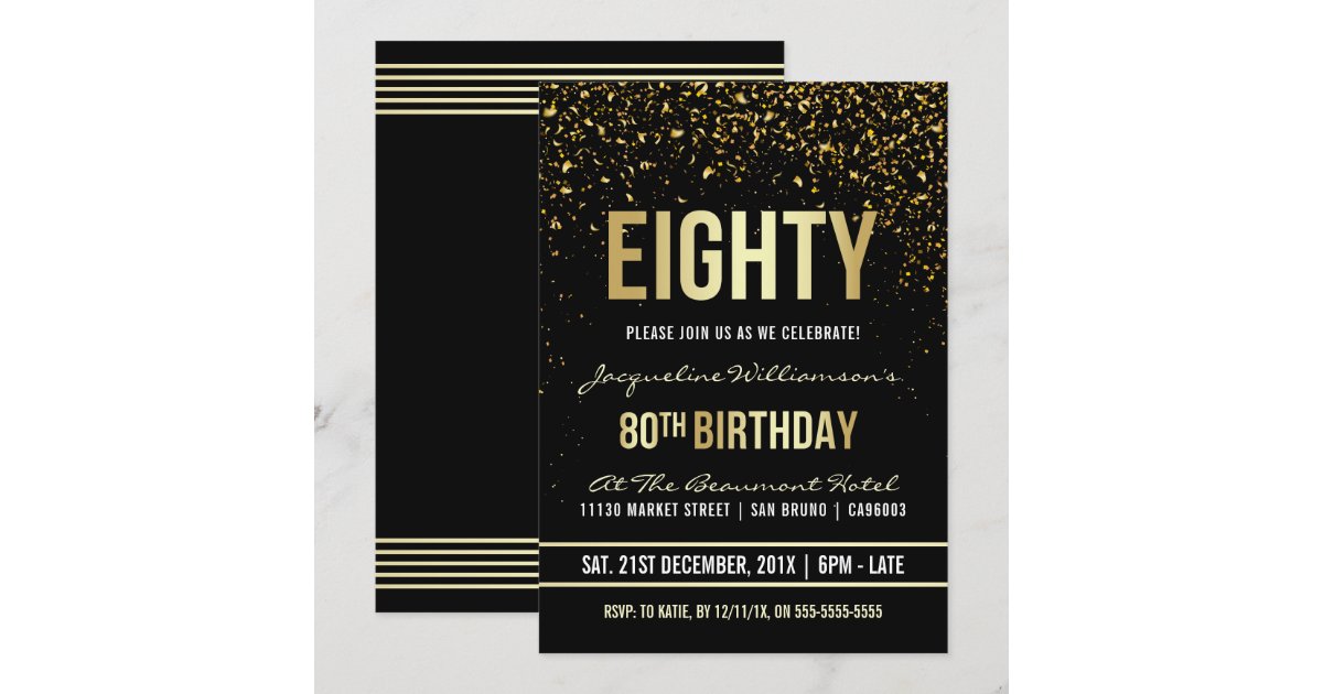 80th Birthday Party | Shimmering Gold Confetti Invitation | Zazzle