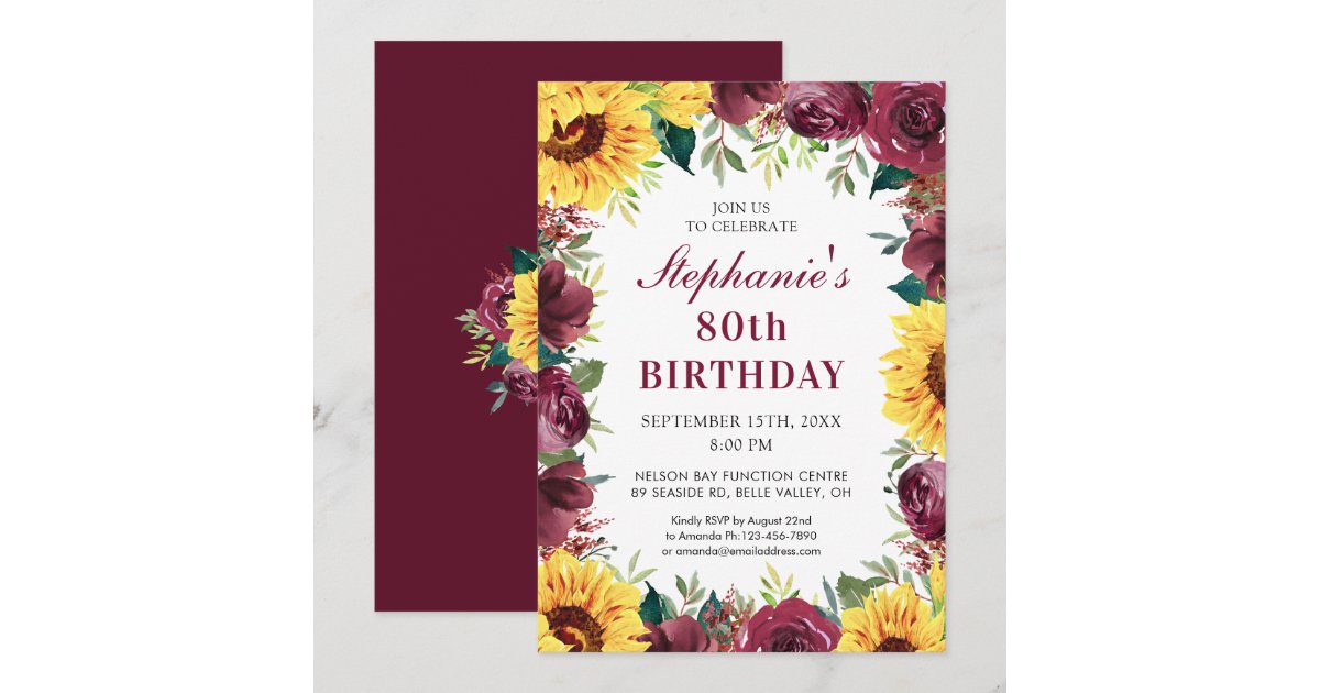 80th Birthday Party Sunflower Burgundy Rose Border Invitation | Zazzle