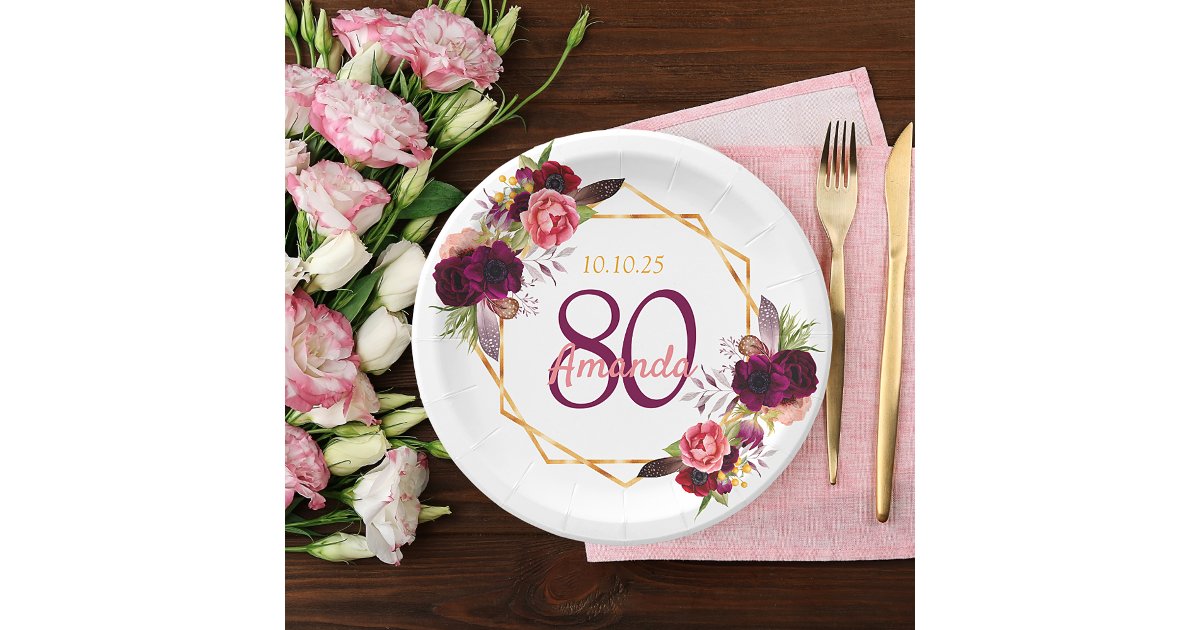 80th birthday party white gold geo floral burgundy paper plates | Zazzle