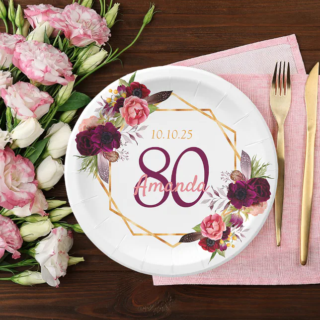80th birthday party white gold geo floral burgundy paper plates | Zazzle