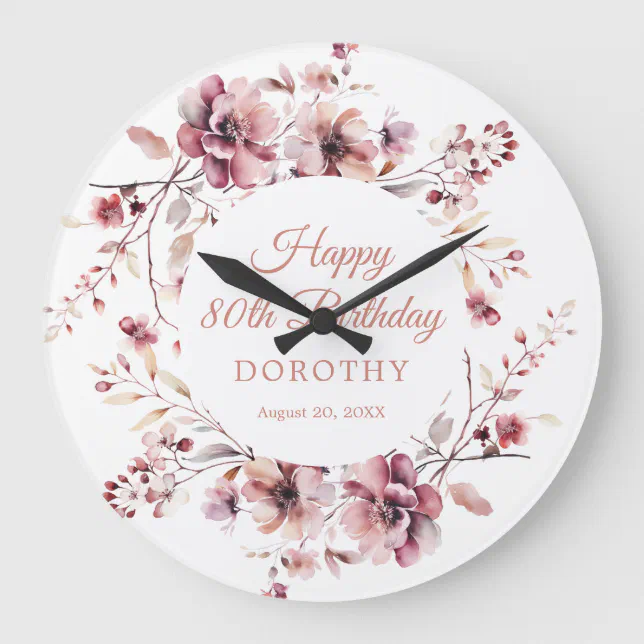 80th Birthday Personalized Burgundy Pink Floral Large Clock | Zazzle