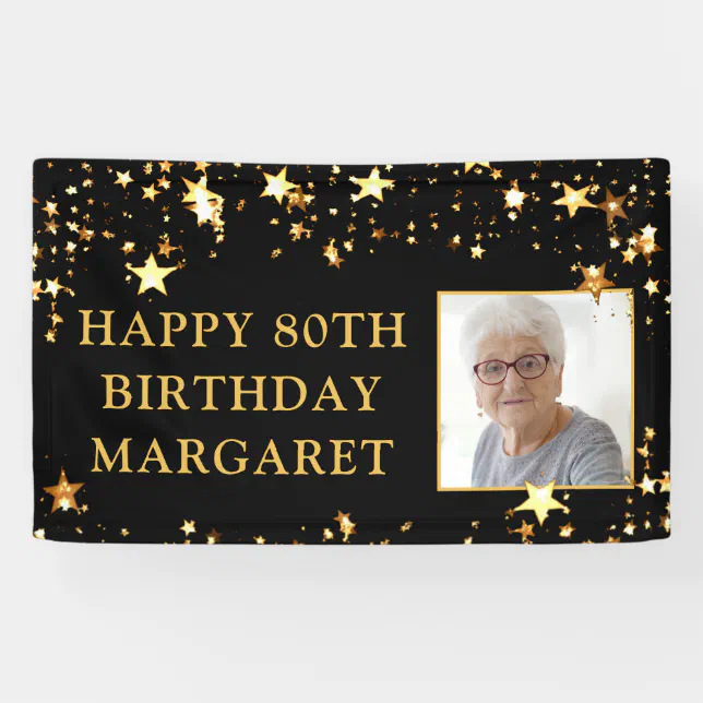 80th Birthday Photo Black Gold Stars Personalized Banner Zazzle