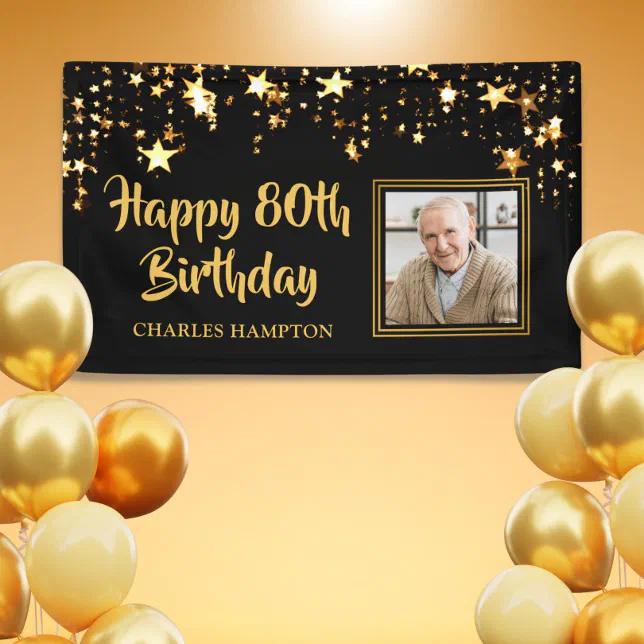 80th Birthday Photo Black Gold Stars Personalized Banner Zazzle